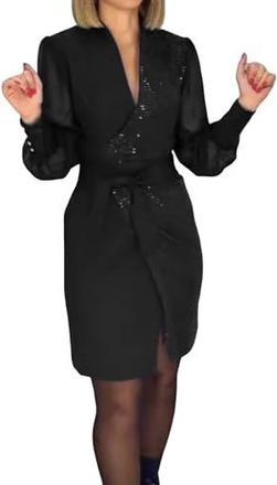 Generic Robe à paillettes pour femme, robe de cocktail à paillettes, robe courte tendance, robe tunique décontractée à manches longues, robe légère en patchwo