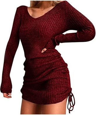 Generic Robes amincissantes pour femmes robe tricot&eacute;e col en V couleur unie fronc&eacute; extensible cordon de serrage manches longues moulants mini, Rouge, XXL