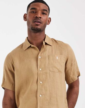 Polo Ralph Lauren Kurz&auml;rmliges Hemd aus Leinen in Hellbraun mit Logo-Brown