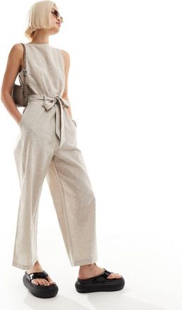 Monki Combinaison sans manches en lin avec ceinture - Beige-Neutral