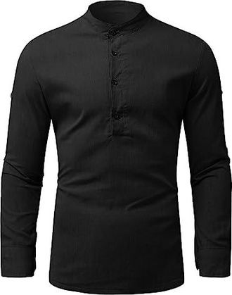 Generic Chemise d&eacute;t&eacute; en coton et lin pour homme - Haut d&eacute;contract&eacute; de couleur unie - Col montant - Chemisier &agrave; manches longues - Haut tendance - Coupe droite,