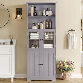 Merax Armoire haute de salle de bain, 57,4 x 28,4 x 162,5 cm, en MDF, avec porte en verre et porte en bois, entièrement laquée, deux compartiments de rangem