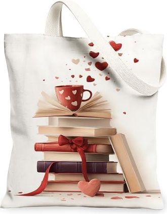Generic Sacs fourre-tout en toile motif coeur, livres romantiques et tasses r&eacute;utilisables, l&eacute;gers et lavables avec bandouli&egrave;re Ca, blanc, 13x15 Inch