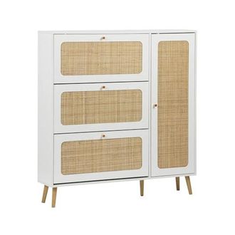 Sweeek Meuble &agrave; Chaussure cannage Boh&egrave;me Blanc. 3 abattants. 1 Porte. 21 Paires. 120 x 24 x 125 cm