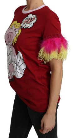 Dolce & Gabbana Pig Print Feather Sleeves T-Shirt - Red