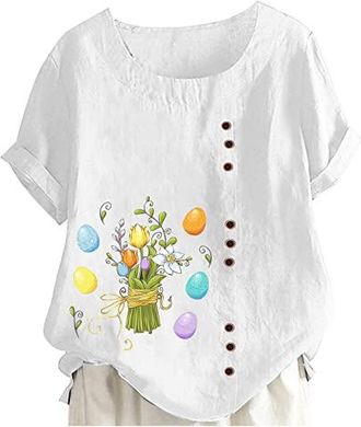 Generic Chemise &agrave; manches courtes en lin pour femme grande taille - Chemisier ample pour femme - Chemises blanches boh&egrave;me baggy chemises de sortie hauts chemi