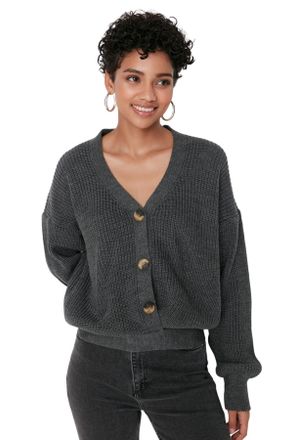 Trendyol Trendyol Damen Strickjacke, Normale Passform, V-Ausschnitt, Strickwaren Pullover, grau, S