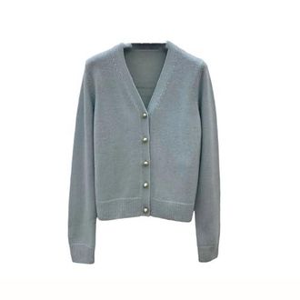 Generic Cardigan tricot&eacute; 100 % cachemire bleu clair col en V manches longues perles boutons pull d&eacute;contract&eacute; pour femme, bleu ciel, Taille XS