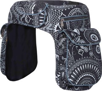 Kunst und Magie Doppelte Bauchtasche, Mandala-Muster, Festival-G&uuml;rteltasche aus Baumwolle, Verstellbarer Gurt Hippie Goa (Schwarz/Grau)