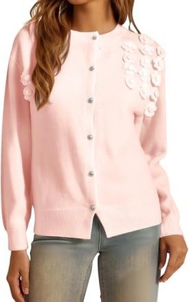 Generic Cardigan jacquard à manches longues pour femme - Pull vintage en tricot ample, Z10-rose, S