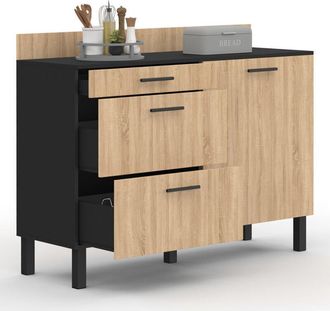 IDMarket Buffet bas de cuisine 120 cm casserolier cina plan de travail H.83 cm 1 porte + 3 tiroirs noir et fa&ccedil;on h&ecirc;tre