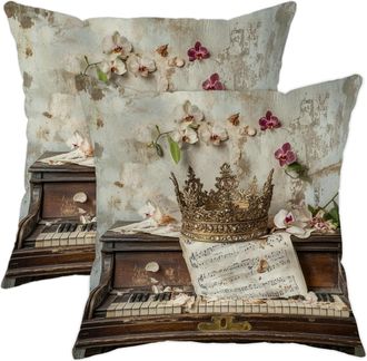 Generic Vintage-Kissenbez&uuml;ge, kunstvolle Kronen-Kissenbez&uuml;ge, 2er-Set, antikbraunes Klavierblumen-Design, dekorative Kissenbez&uuml;ge, elegante Heimdekoration f&uuml;r