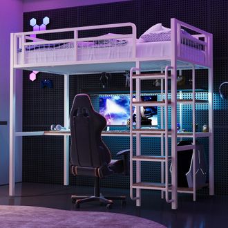 Merax Kinderbett Hochbett,Metall,90x200 cm, mit Schreibtisch,mehrere Regalen,Sicherheitsleiter mit Treppenstufen, Metallgitter-Sicherheitszaun, für Kinder u