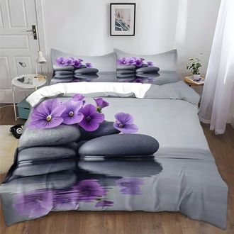 Generic Pierre De Méditation Violette Housse de Couette 240x260 cm Gris Parure de Lit 2 Personnes Set de Housse de Couette Polyester Coton avec Fermeture Écla