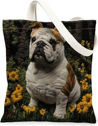 Generic Sac fourre-tout en toile motif bouledogue printanier 33 x 38,1 cm, style tricot&eacute;, sac d&eacute;picerie r&eacute;utilisable pour femme, peinture esth&eacute;tique, d&eacute;corati