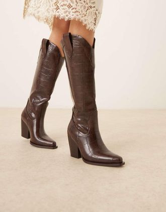 Asos Claudette - Bottes hauteur genou style santiags effet croco - Marron-Brown