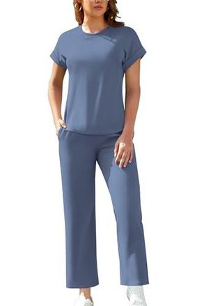 SHEKINI Surv&ecirc;tement pour femme - Manches courtes - Col rond - Couleur unie - Deux pi&egrave;ces - Tenue d&eacute;contract&eacute;e avec poches, bleu, L