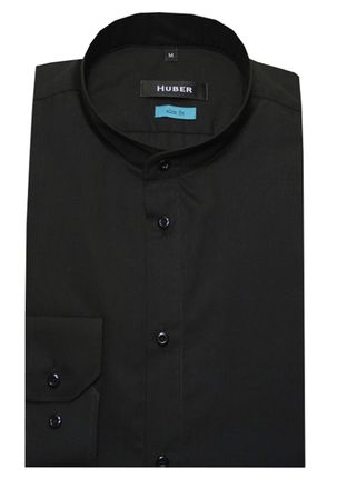 Huber Slim Fit Herren Stehkragenhemd Langarm figurbetont schwarz XXL