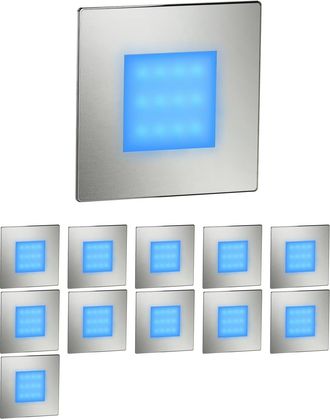 LEDs Com 12 St&uuml;ck LED Treppenlicht/Wandeinbauleuchte FEX f&uuml;r innen und au&szlig;en, eckig, edelstahl, 85 x 85mm, blau