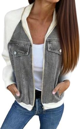 Generic Blouson bomber en jean pour femme avec fermeture &eacute;clair en patchwork style baseball d&eacute;contract&eacute;, Gris/blanc, 5XL
