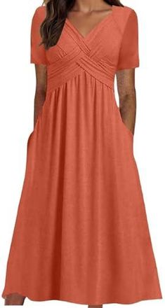 Generic Robe d&eacute;t&eacute; &agrave; manches courtes avec col en V et manches courtes crois&eacute;es sur le devant pour femme - Robe d&eacute;t&eacute; fluide avec poches, Orange, XXL