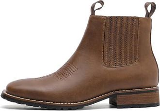 Generic Bottes Chelsea Western pour Homme à Bout carré, Bottines en Cuir PU à Enfiler avec empiècements élastiques et Talon empilé,Light Brown,45.5 EU