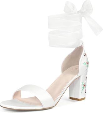 Allegra K Sandales &agrave; lacets &agrave; talon &eacute;pais en satin &agrave; imprim&eacute; floral pour femmes blanche 38
