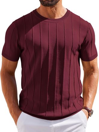 Coofandy Herren T-Shirt Kurzarm Strick Shirt mit Rundhals Shirt Casual Pullover Gestreiftes Strickshirt Sommer Oberteile Weinrot XXL