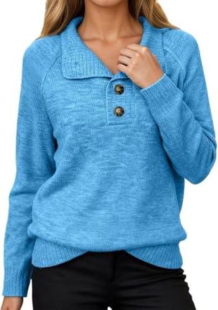 Generic Pull à col montant boutonné en tricot torsadé pour femme, col en V, couleur unie, pull décontracté à manches longues, bleu, XL