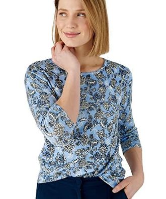 Damart Pull Maille Fine Manches 3/4, Femme, Col Rond, Bleu Floral, 38/40