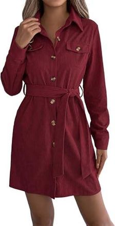 Generic Robe dautomne mi-longue pour femme - Ouverture boutonn&eacute;e - Jupe de f&ecirc;te d&eacute;contract&eacute;e - Coupe ajust&eacute;e, rouge vin, XS