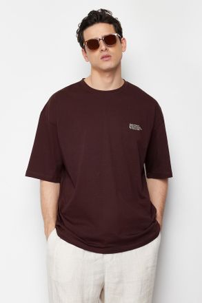 Trendyol MAN Herren Braun Slogan Kurz Oversize T-Shirts