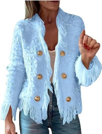 Generic Cardigan tendance à franges pour femme - Manteaux légers à boutons pour femmes, vestes décontractées à manches longues, tenues de bureau, bleu, XXL
