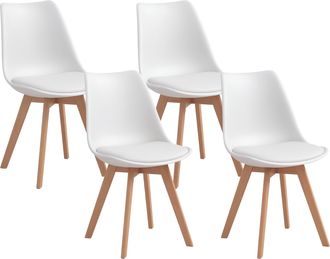 HOMCOM 4er-Set Esszimmerstühle im skandinavischen Stil, Küchenstühle aus Kunststoff mit Holzbeinen und Kunstlederpolster, weiß