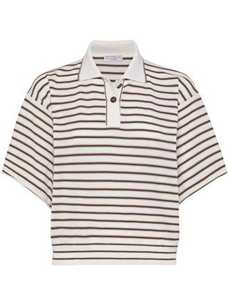 Brunello Cucinelli Cropped-Poloshirt mit Streifen - Wei&szlig;