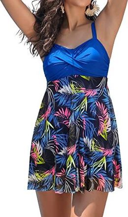 SHEKINI Femme Elégant Twisted Ruched Maillot de Bain 1 Pièce avec Jupette Réglables Abdominal Contrôle Ourlet Imprimé Maillot Une Pièce Bikini Robe de Plage(L