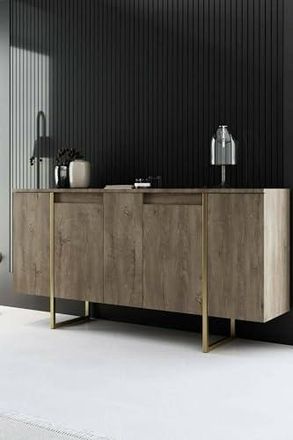 Dmora Kommode Betel, Wohnzimmerbuffet, Wohnzimmer-Sideboard, Moderne Küchen-Speisekammer, 160x35h80 cm, Walnuss und Gold