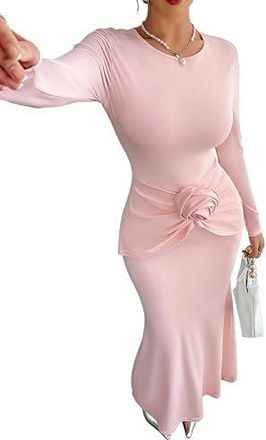 Generic Robe longue sir&egrave;ne rose &agrave; manches longues pour femme - Coupe ajust&eacute;e - Avec fleurs 3D - Pour soir&eacute;e, soir&eacute;e et rendez-vous galant, rose, XL