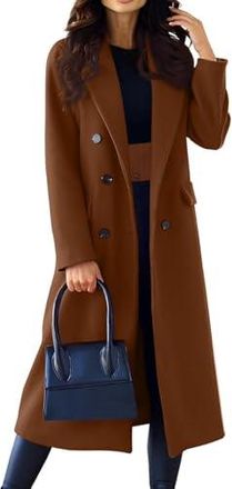 Generic Manteau long en laine pour femme, manteau mi-long, veste crant&eacute;e &agrave; revers &agrave; double boutonnage, v&ecirc;tements dext&eacute;rieur pour lautomne et lhiver 2026, marr