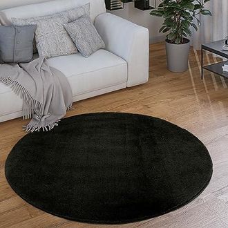 Paco Home Tapis Rond Salon Tapis Poil Ras Moderne Moelleux Lavable Monochrome, Dimension:200 cm Rond, Couleur:Noir