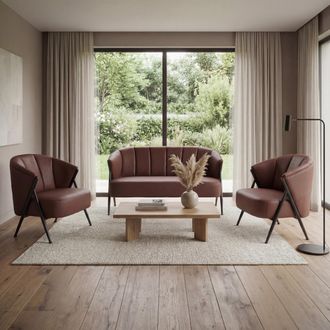 Mendler Wohnzimmer-Set HWC-P30, 2er-Sofa 2X Sessel, Vintage Retro Industrial Metall Kunstleder - rostrot