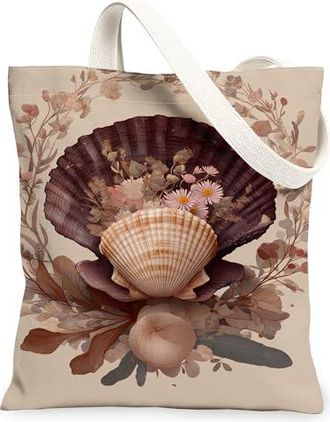 Generic Sacs fourre-tout en toile motif coquillages floraux, sacs de courses r&eacute;utilisables, l&eacute;gers et lavables en toile F, beige, 13x15 Inch