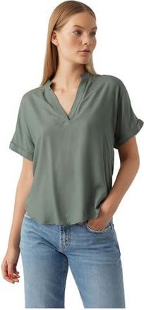 Vero Moda Top Casual à Encolure Fendue pour Femme avec Bracelets dourlet reversés - Chemisier à Manches Courtes, Couleurs:Vert-2, Taille:XL
