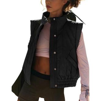 Generic Gilet bouffant court l&eacute;ger boutonn&eacute; matelass&eacute; sans manches avec poches en fourrure demi-fermeture &eacute;clair pour femme, Noir, M