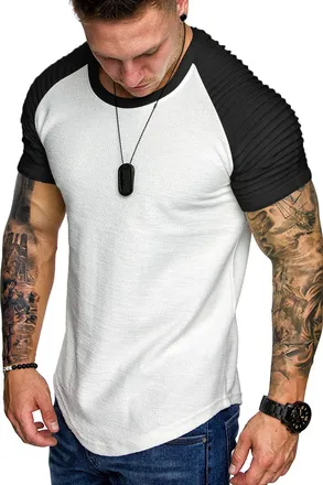 Coofandy Herren Muskel T-Shirt Plissee Raglan&auml;rmel Bodybuilding Gym Tee Kurzarm Mode Workout Shirts Hipster Shirt, Muster 3 (wei&szlig; und schwarz), Mittel