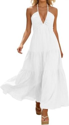 Generico Robe mi-longue d&eacute;t&eacute; d&eacute;contract&eacute;e en coton avec fines bretelles et col en V sans manches avec col dos nu et ourlet &agrave; volants, Wh1, X-Large