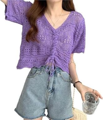 Generic D&eacute;bardeur en Tricot Crochet&eacute; pour Femme, Haut Court avec Bordure en Dentelle, Col en V, Cordon De Serrage, Tendance, Ajour&eacute;, Motif Floral, Manches Cou