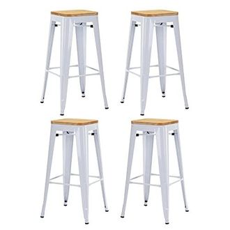Duhome Tabouret de Bar Industriel Chaise Salle &agrave; Manger Lot de 4 Tabouret Empilables Si&egrave;ge Bistrot Cadre en M&eacute;tal pour Cuisine Restaurants (Blanc+Bois, 76cm)