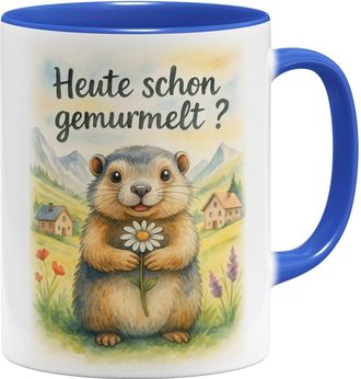 OM3 Lustige Murmeltier Kaffee-Tasse mit Spruch - Heute schon gemurmelt? - Keramik Becher - 325ml - Beidseitig Bedruckt - Blau