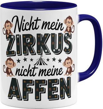 OM3 lustige Kaffee-Tasse mit Spruch - Nicht mein Zirkus nicht meine Affen - Zirkuszelt Äffchen - Statement Bürotasse IV - Keramik Becher - 325ml - Beidsei